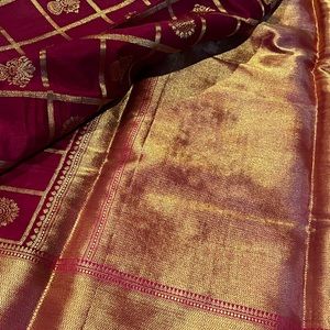 Sarees | Check Silk Saree With Golden Zaree Party Wear | Poshmark